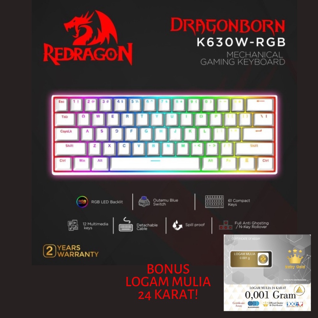 Jual Keyboard Redragon Mechanical RGB DRAGONBORN WHITE - K630W-RGB ...