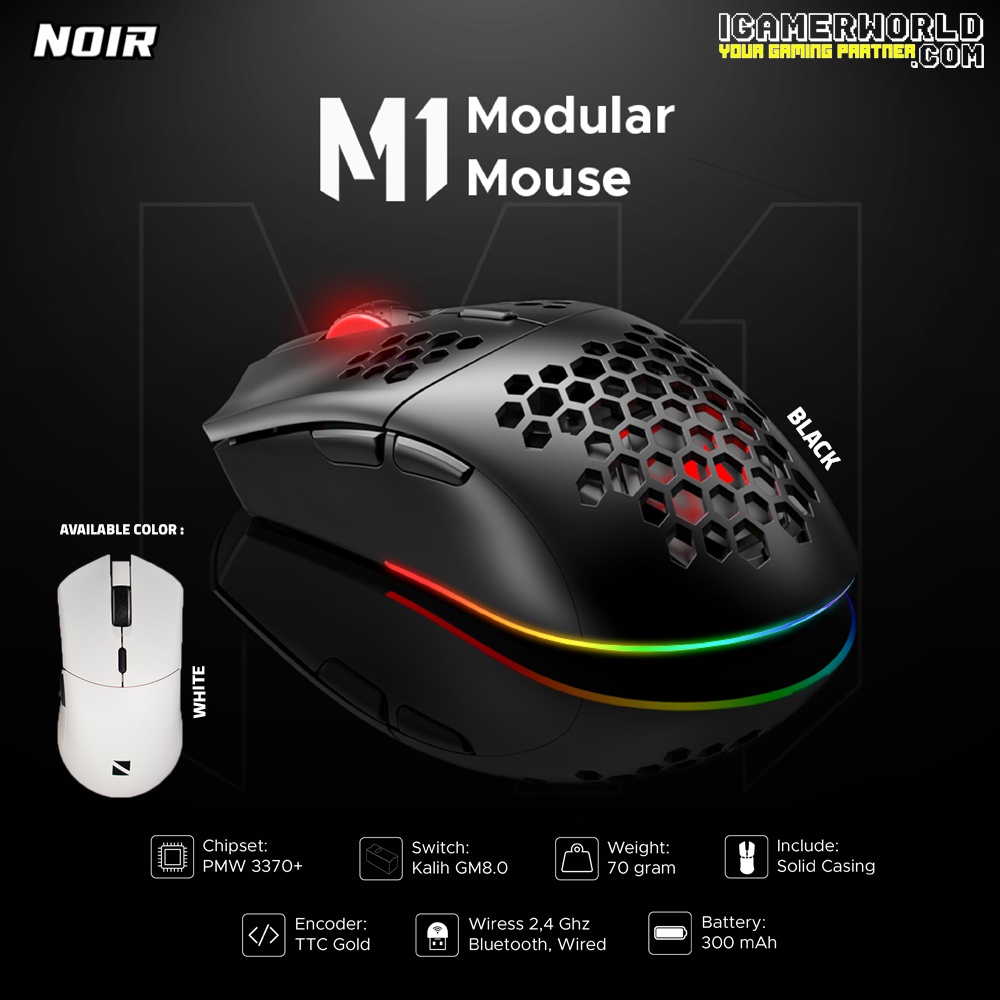 Jual Noir M1 Modular Wireless/Wired/BT 2.4Ghz/70g Ambidextrous Gaming ...