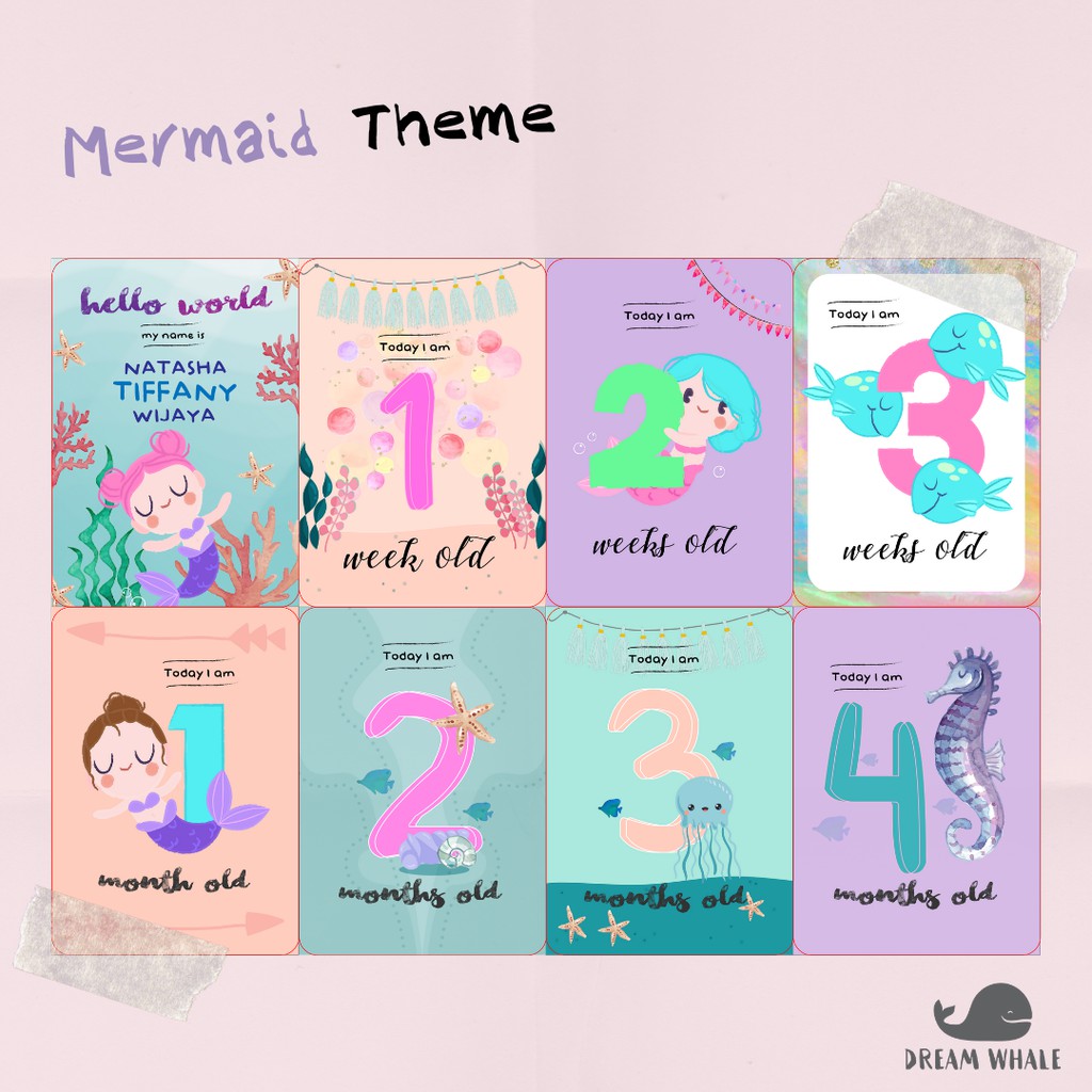 Jual Custom Baby Milestone Cards - Mermaid Purple Pastel Watercolor ...