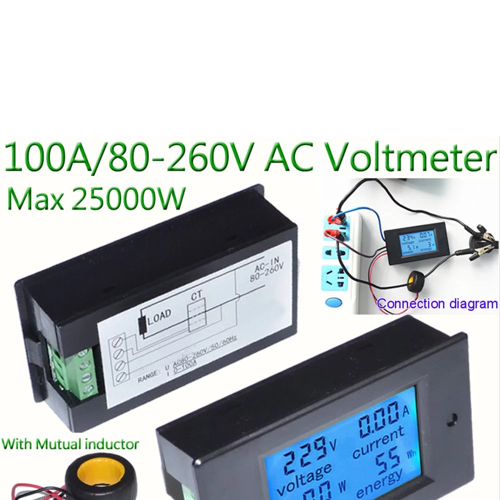 Jual Digital Volt Amp Watt Ampere Kwh Meter Voltmeter AC 220V 100A ...
