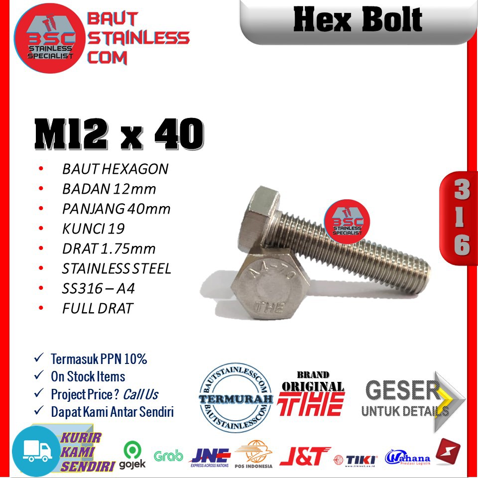 Jual HEX BOLT STAINLESS SS316 - A4 BAUT HEX M12X40 KUNCI 19 | Shopee ...