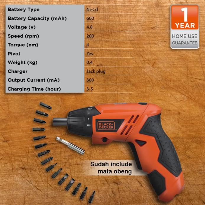 Jual BLACK + DECKER BOR OBENG CORDLESS SCREWDRIVER 4.8V (KC4815-B1 ...