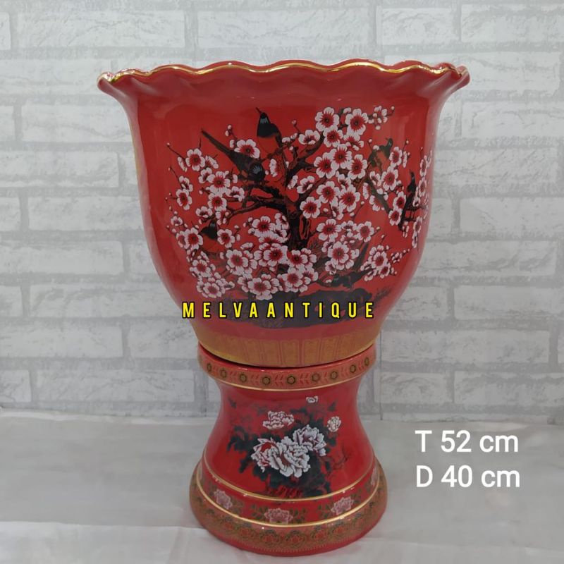 Jual Pot Tanam keramik merah motif bunga syakura tinggi 46 cm, diameter ...