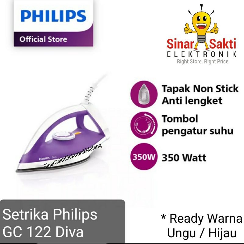 Jual Setrika Philips GC 122 GC122 Diva Promo Murah Sinar Sakti Malang Garansi Resmi Gosokan ...