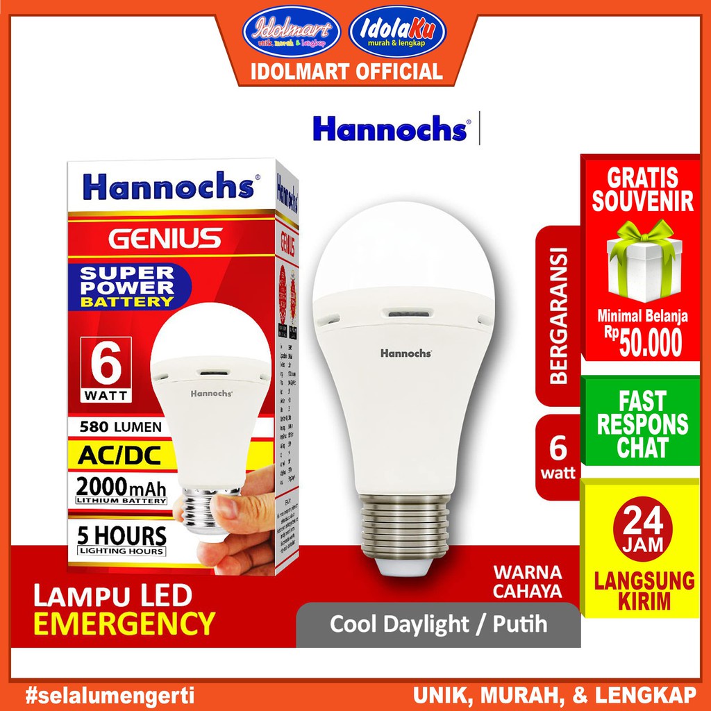 Jual IDOLMART Hannochs Lampu Emergency Led AC/DC Genius 6 watt cahaya ...