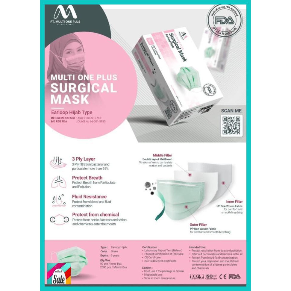Jual DCDISPOSABLE- MASKER MEDIS MULTI ONE PLUS HIJAB 3 PLY 50 PCS ...