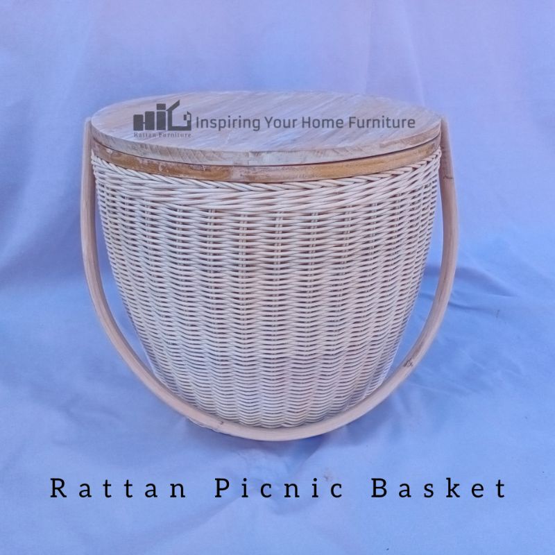 Jual Rattan Picnic Basket White Wash Insulated Solid Wood On Top ...