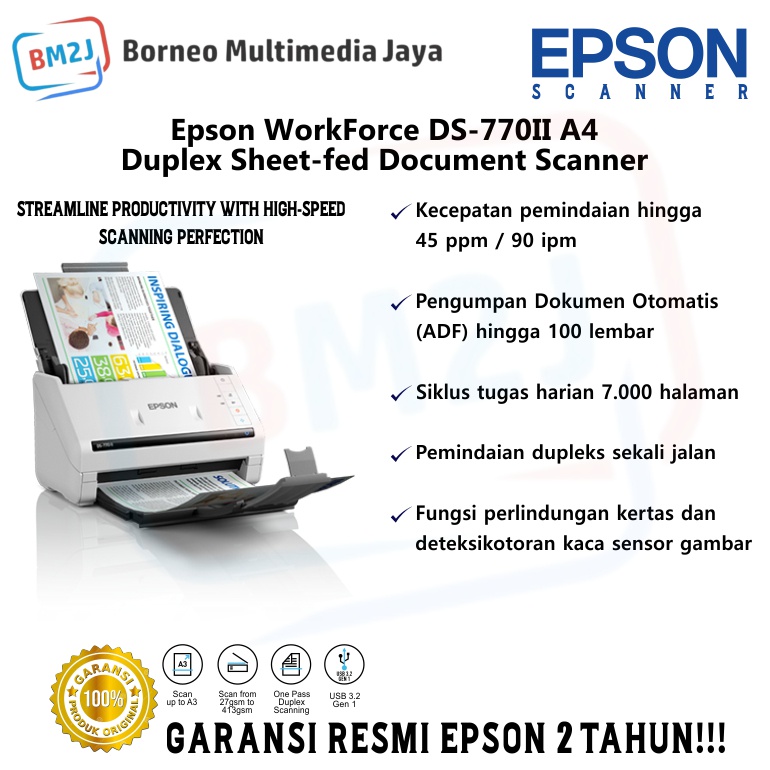 Jual Scanner EPSON WorkForce DS-770II / A4 Duplex Sheet-fed Document ...