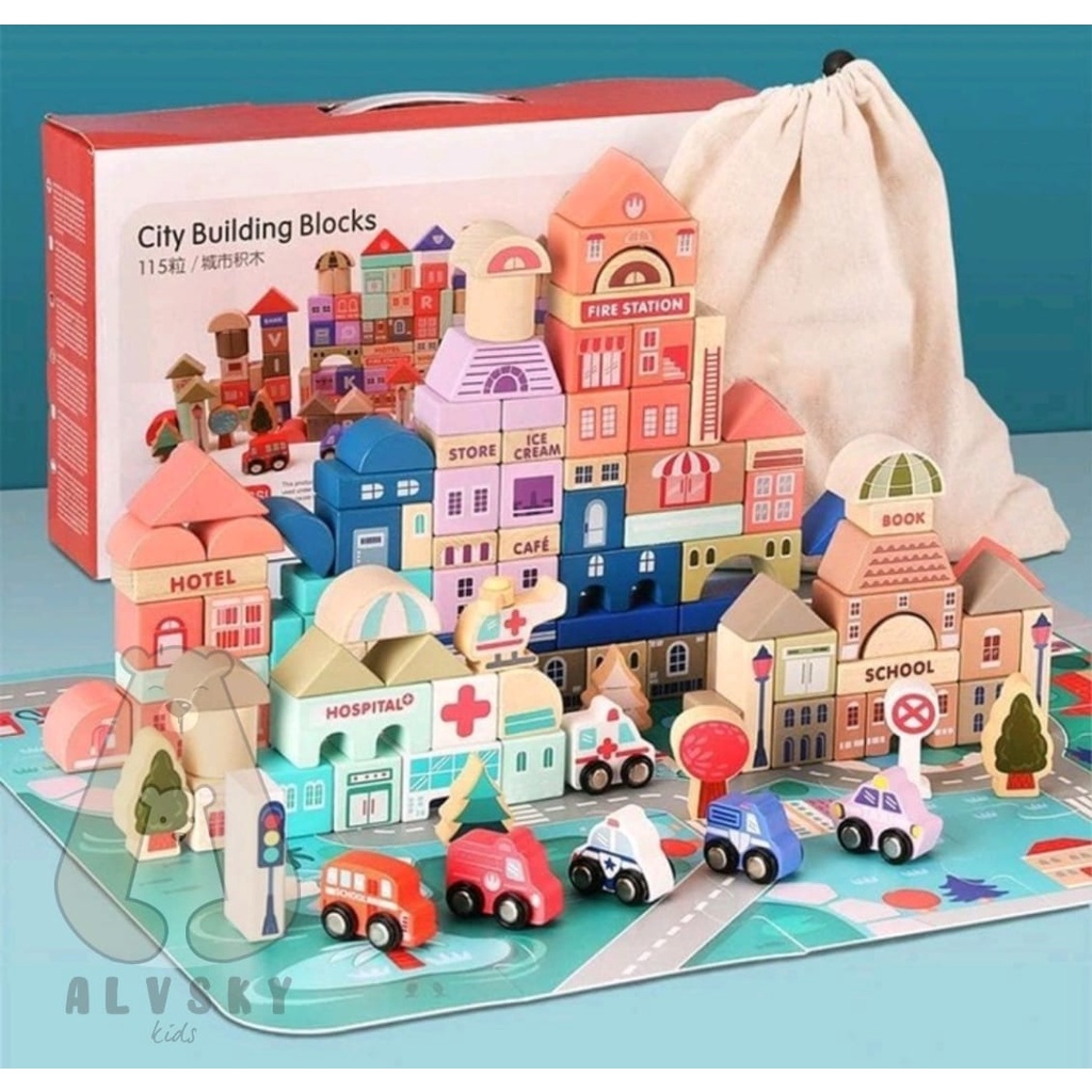 Jual MAINAN BALOK KAYU / CITY BUILDING BLOCK 115 PCS / WOODEN BUILDING ...