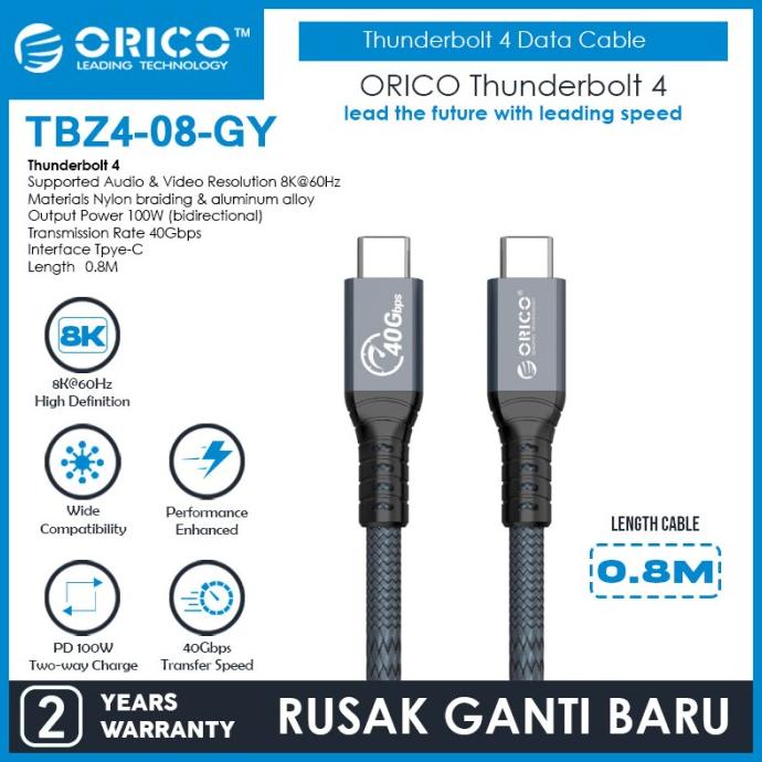 Jual ORICO Thunderbolt 4 Data Cable 40Gbps 8K@60Hz PD 100W 0.8M - TBZ4 ...