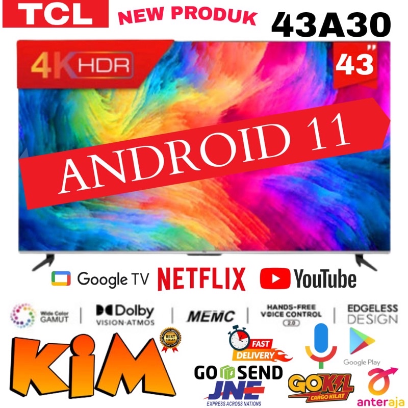 Jual TCL LED TV 43 inch 43A30 ANDROID 11.0 UHD 4K Google TV MEMC Dolby Atmos | Shopee Indonesia