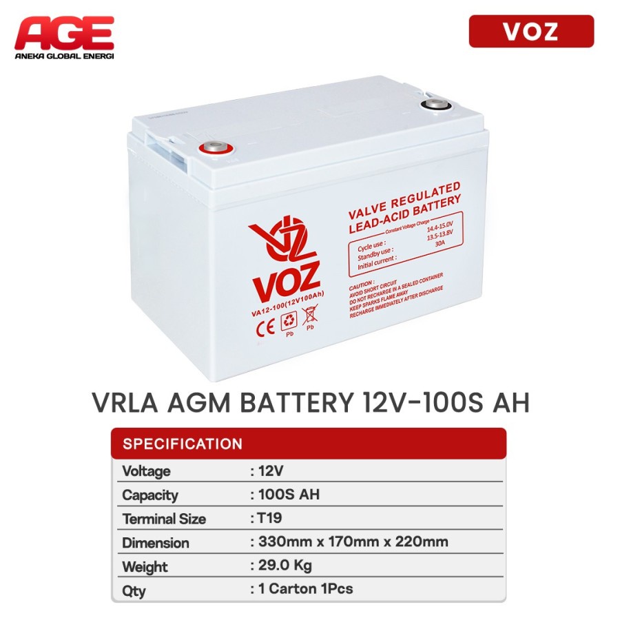 Jual VOZ VRLA AGM 12V 100Ah/100 Ah T19 Aki Kering Baterai Battery ...