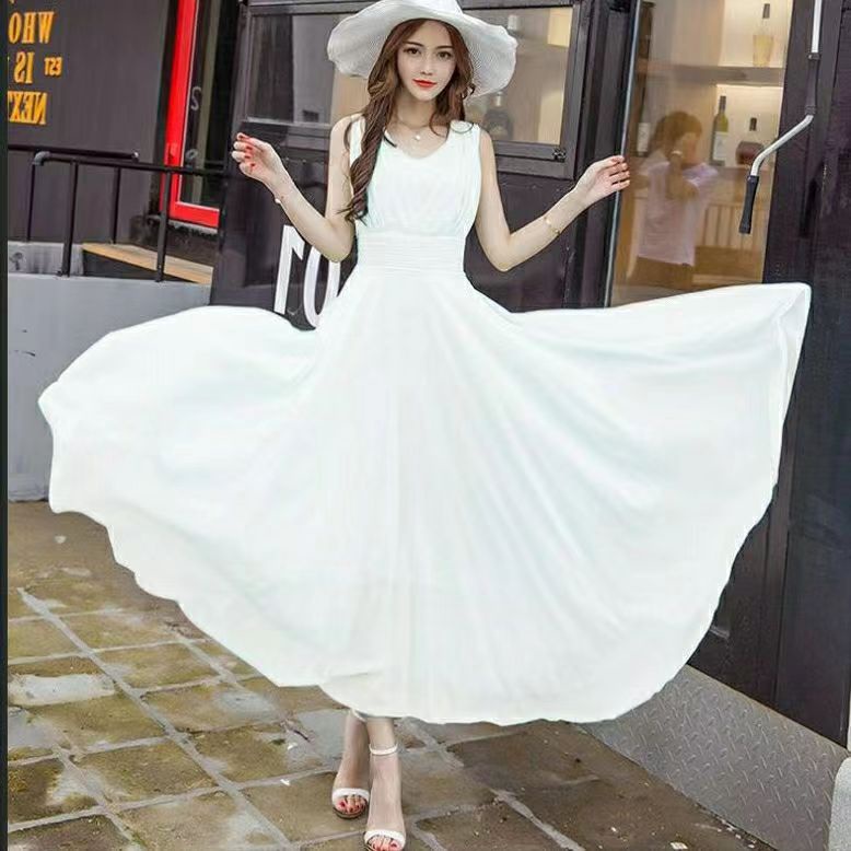 Jual Gaun Sifon Tanpa Lengan/Gaun Panjang Pantai/dress korea/dress ...