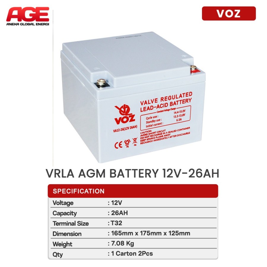 Jual VOZ VRLA AGM 12V 26Ah / 26 Ah T32 Aki Kering Baterai Battery ...