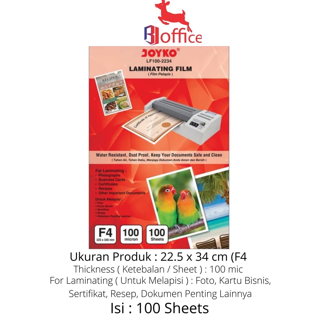 Jual Plastik Laminating F4 Joyko 100 Micron (100 Lembar) / Plastik ...