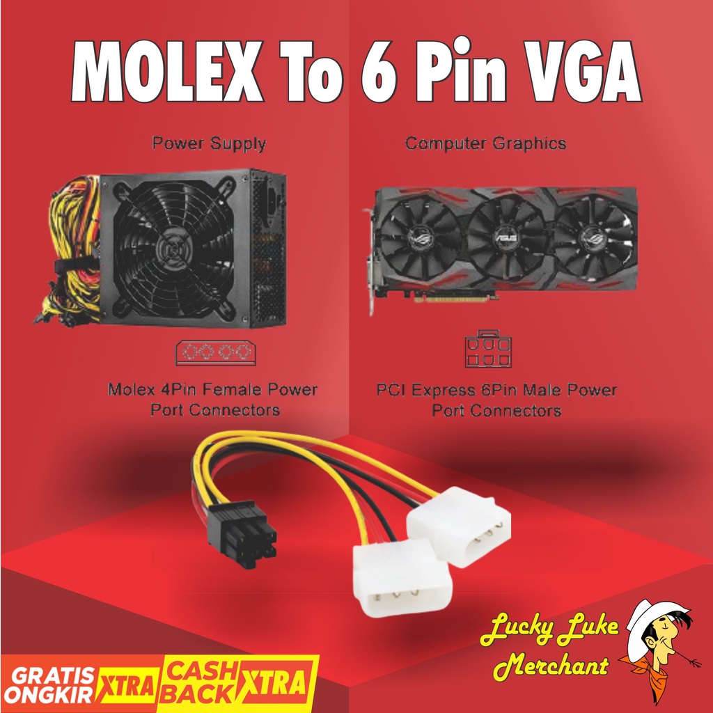 Jual VGA Power 6 pin converter 2x Molex konverter molex ke 6pin cabang ...