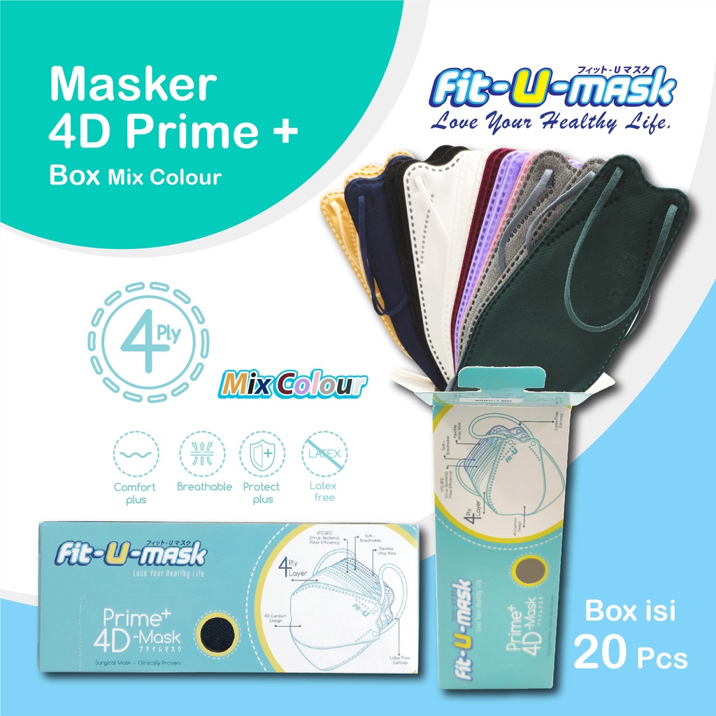 Jual FIT-U Mask 4D Prime+ Mask Box Mix Colour isi 20Pcs | Shopee Indonesia