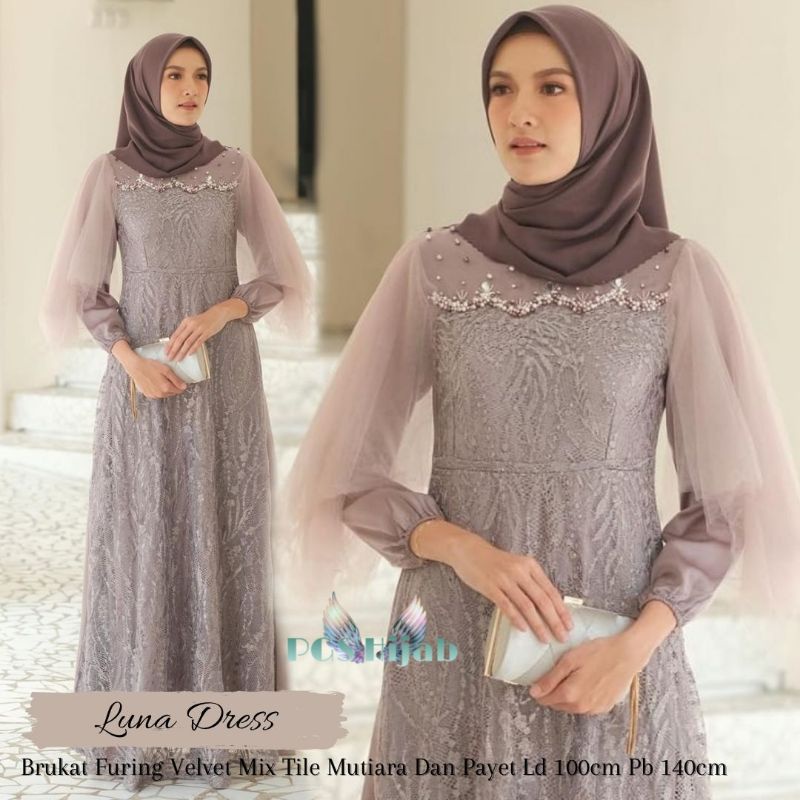 Jual Luna Dress Brukat Tile Apply Mutiara Gamis Shelomita Brukat Gamis Kondangan Gamis Brukat ...