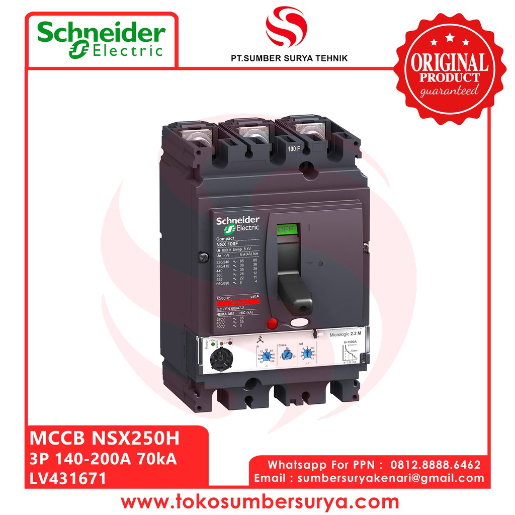 Jual MCCB NSX250H 3P 140-200A 50kA Saklar Listrik ON OFF LV431671 SNI ...