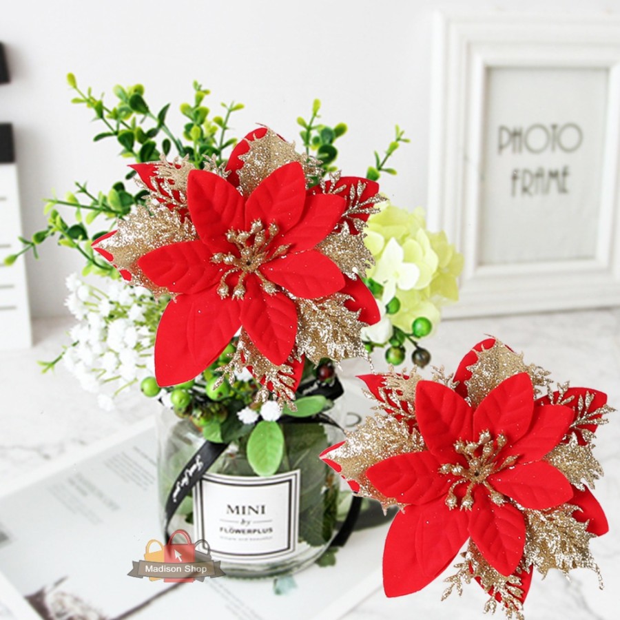 Jual Bunga Natal Merah Gold Hiasan Parcel Christmas Flower Ponsetia ...
