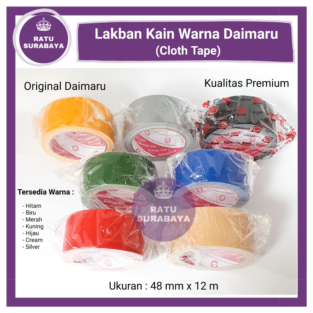 Jual Lakban Kain Cloth Tape Daimaru 48mm x 12m Selotip Hitam Merah Kuning Biru Hijau Cream ...
