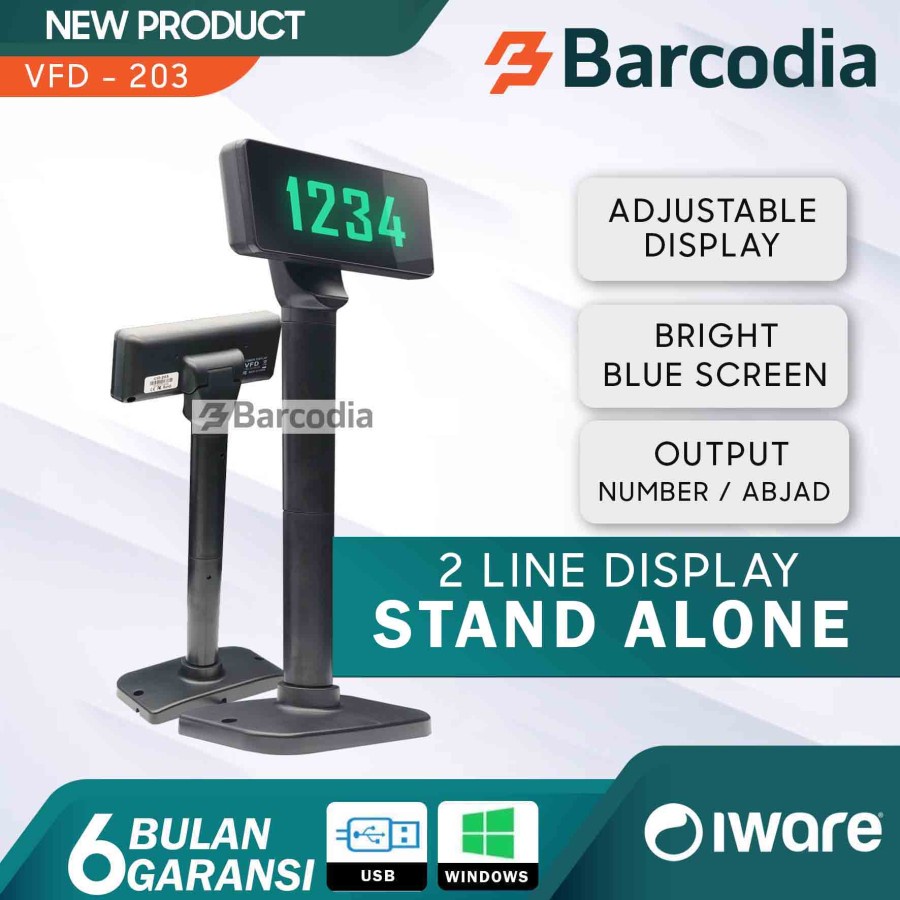 Jual Barcodia Customer Display Iware VFD203 Layar Petunjuk Harga USB ...