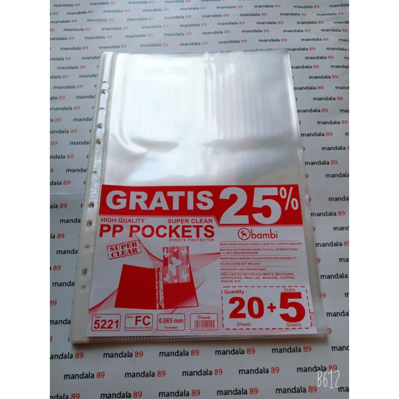 Jual PLASTIK PP POCKET F4 merk bambi // sheet protector isi 20 + 5 ...