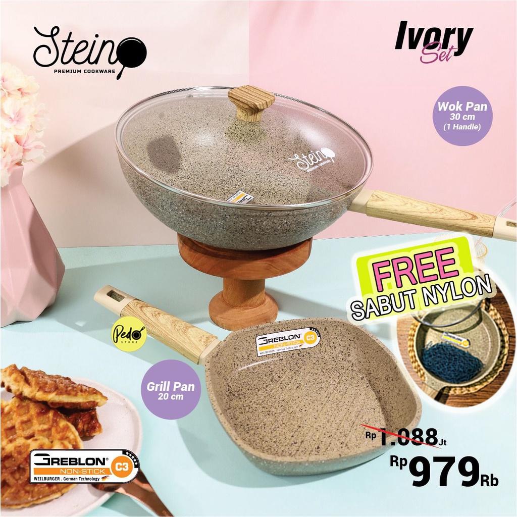 Jual (FREE NYLON) SteinCookWare Stein Paket Ivory (Grill Pan 20 + Wok ...