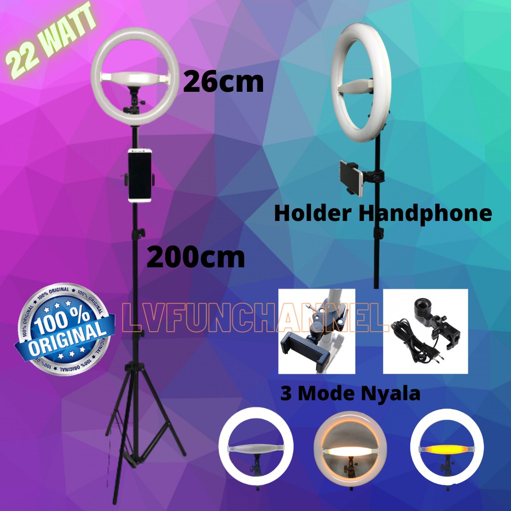 Jual LAMPU RING LIGHT LED 26CM 22 WATT TRIPOD 200CM TERMASUK HOLDER ...