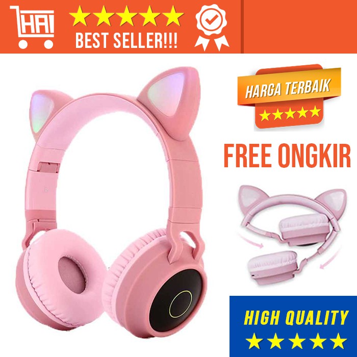 Jual WIRELESS HEADPHONE PINK BLUETOOTH 5.0 CAT CUTE EARPHONE EAR HEAD ...
