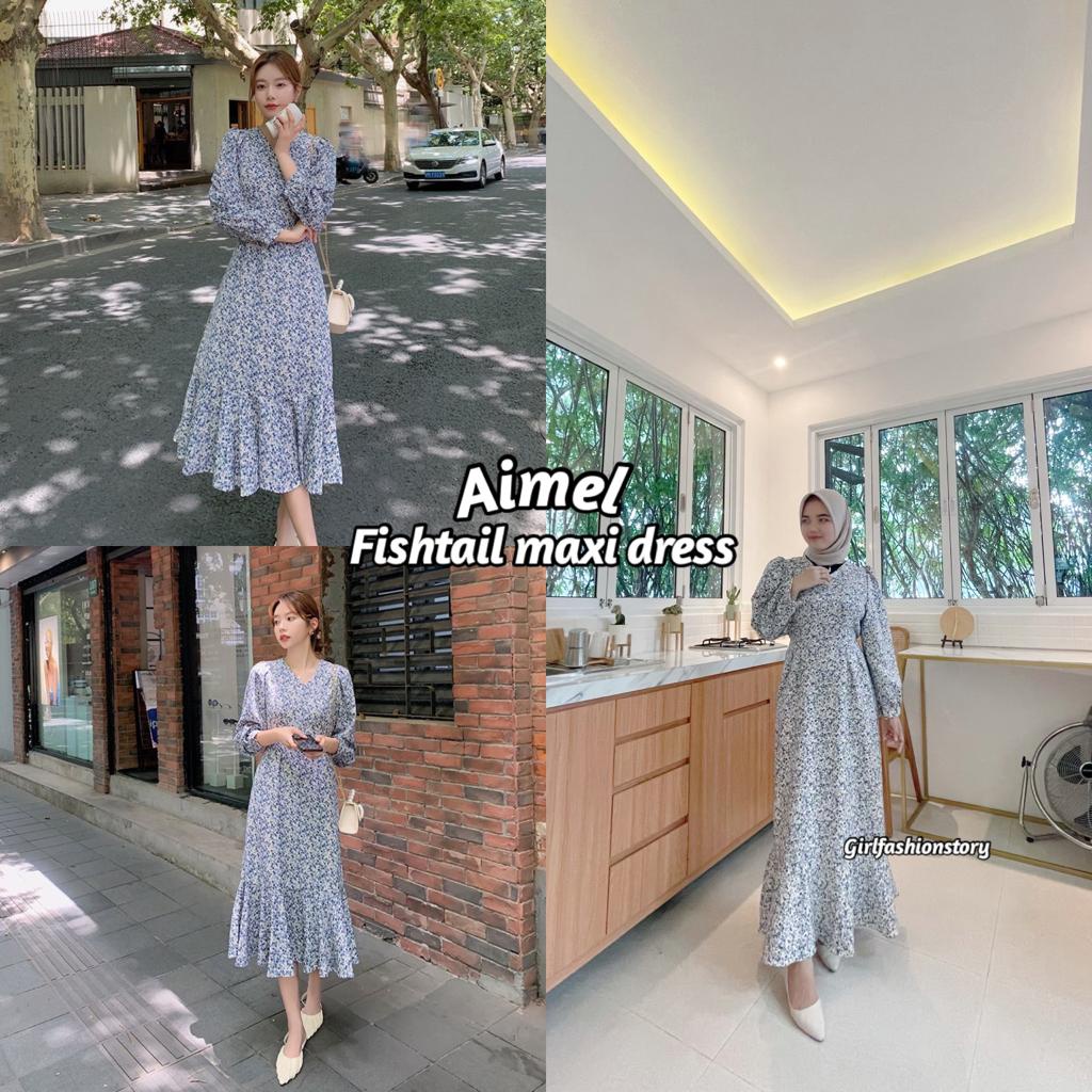 Jual AIMEL FLORAL BLUE LONG SLEEVE Maxy Dress Midi Casual Wanita Party ...
