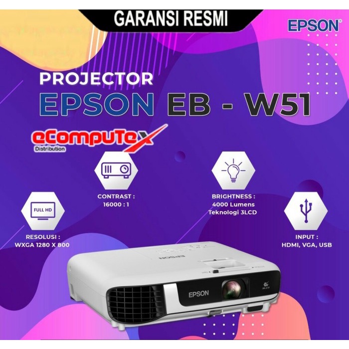 Jual PROJECTOR EPSON EB-W51 / PROYEKTOR EBW51 3LCD WXGA HDMI GARANSI RESMI | Shopee Indonesia