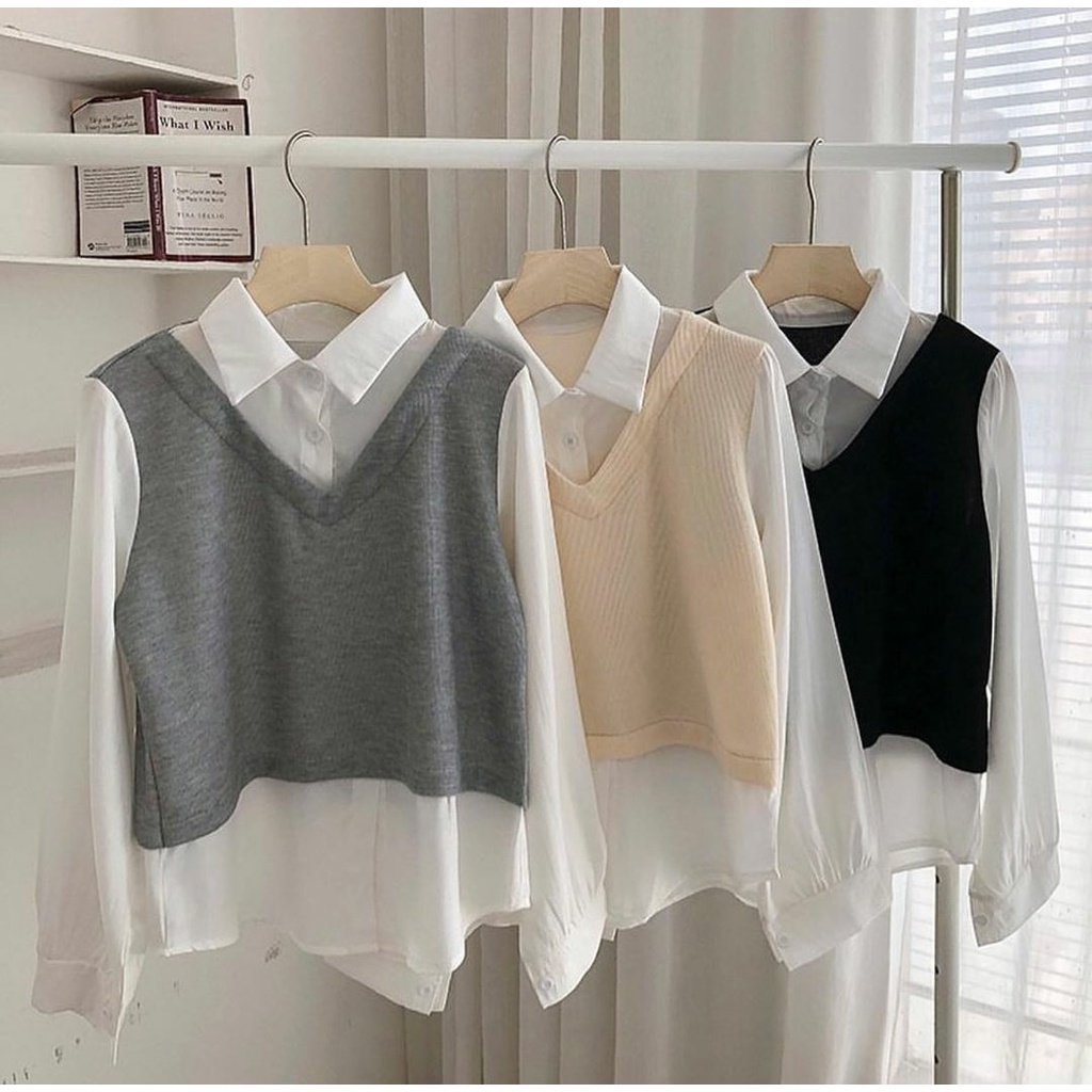 Jual Vallina Outfit - Naura Vest Blouse Top Sweat Atasan Rompi Korean ...