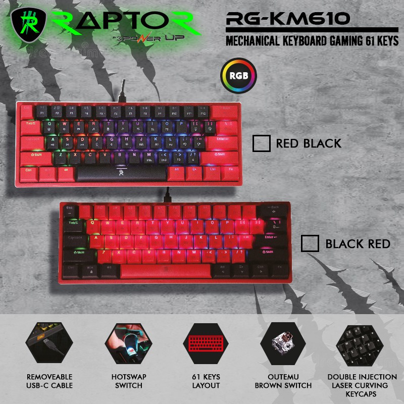 Jual Keyboard Mecha Hotswap Outemu Brown Switch 61 Keys RGB Raptor ...