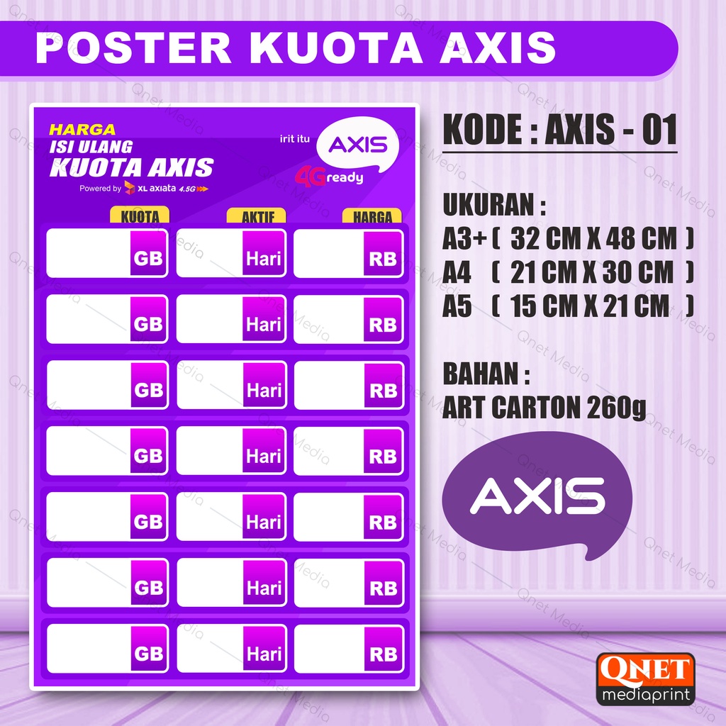 Jual POSTER KONTER DAFTAR HARGA KUOTA AXIS (CUSTOM) | Shopee Indonesia