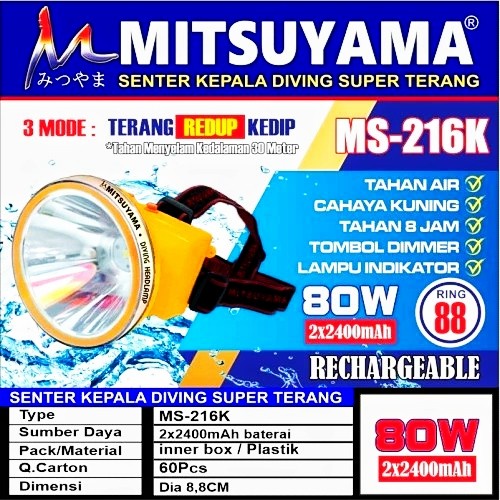 Jual Barangunik2021- Senter Kepala Selam/Headlamp Diving LED 80W Mitsuyama(MS-216P/MS-216K ...