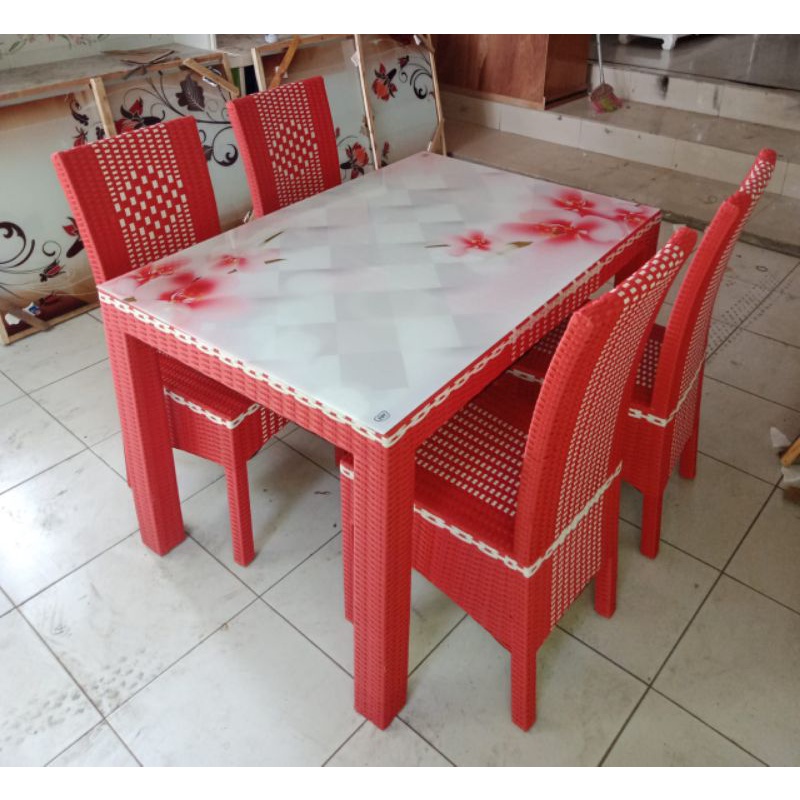 Jual meja makan rotan sintetis merah | Shopee Indonesia