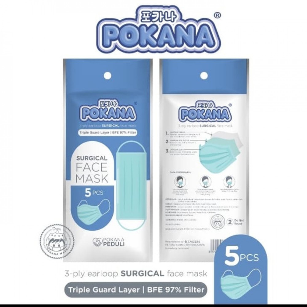 Jual Pokana Masker Earloop Surgical Face Mask 3ply Dewasa - 5 Pcs ...