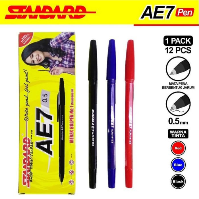 Jual PULPEN STANDARD AE7/STANDARD PEN AE7/HITAM/BIRU/MERAH (1 Lusin 12 ...
