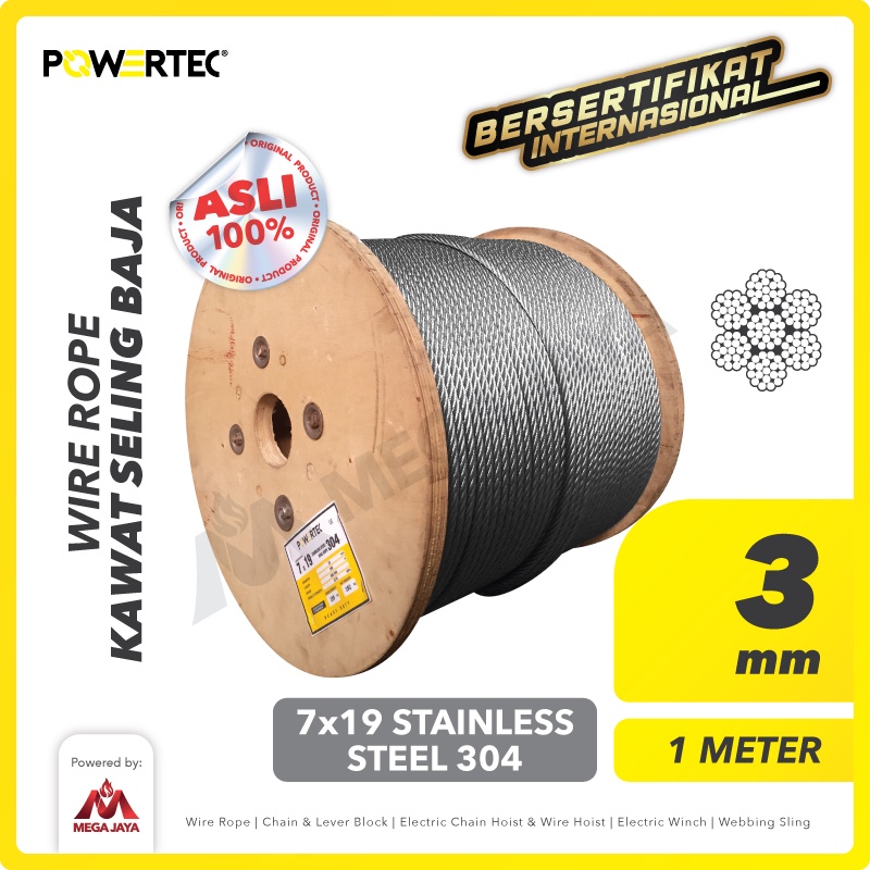 Jual POWERTEC Wire Rope / Kawat Seling Baja 7x19 SS 304 3mm - 1 Meter ...