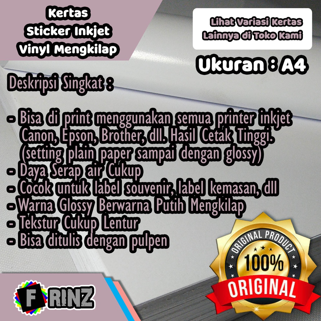 Jual Kertas Sticker Inkjet Vinyl A4 A5 A6 120 Gram / Stiker Vinil ...