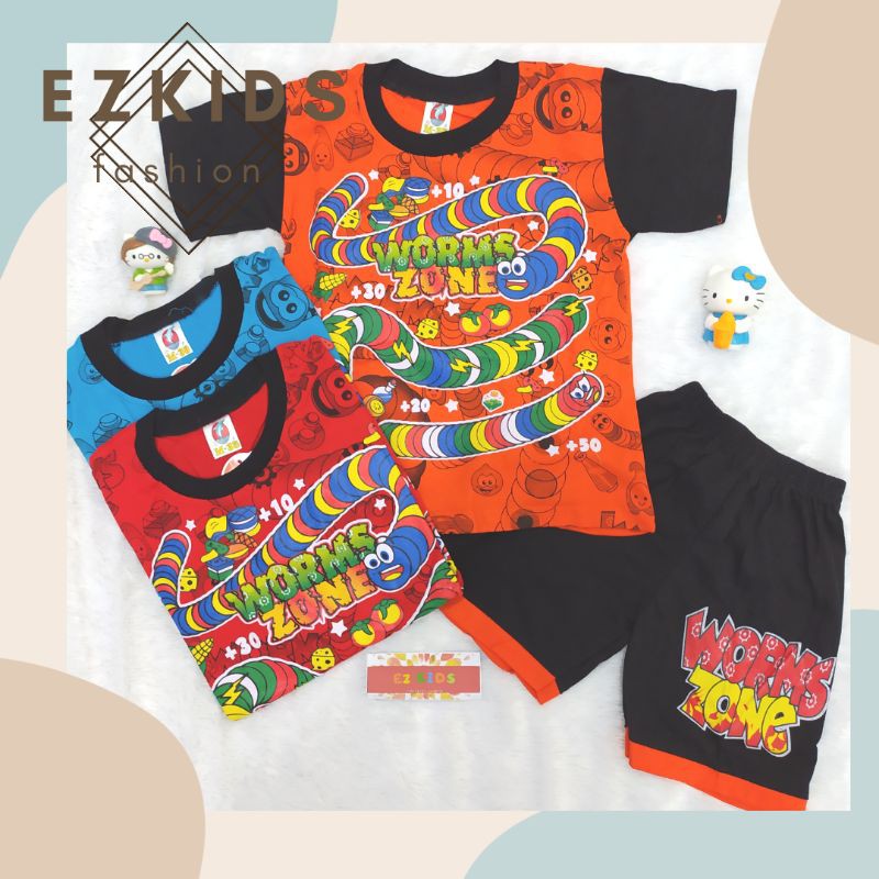 Jual Setelan Baju Celana Pendek Anak Laki Laki Cowok Usia 4-7tahun motif cacing worms zone ...
