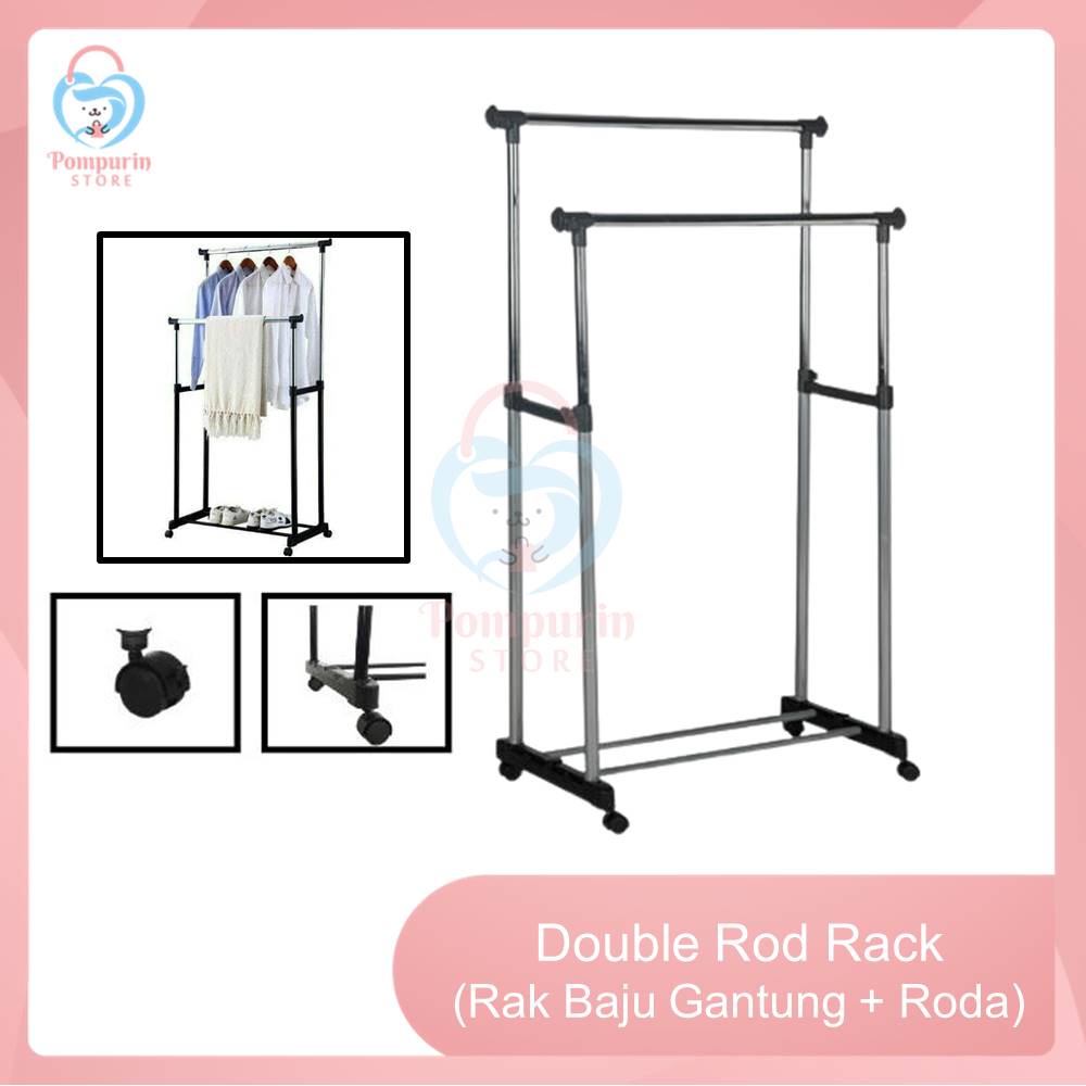 Jual Double Rod Rack Double Pole - Rak Gantung Baju 2 Lapis + Roda ...