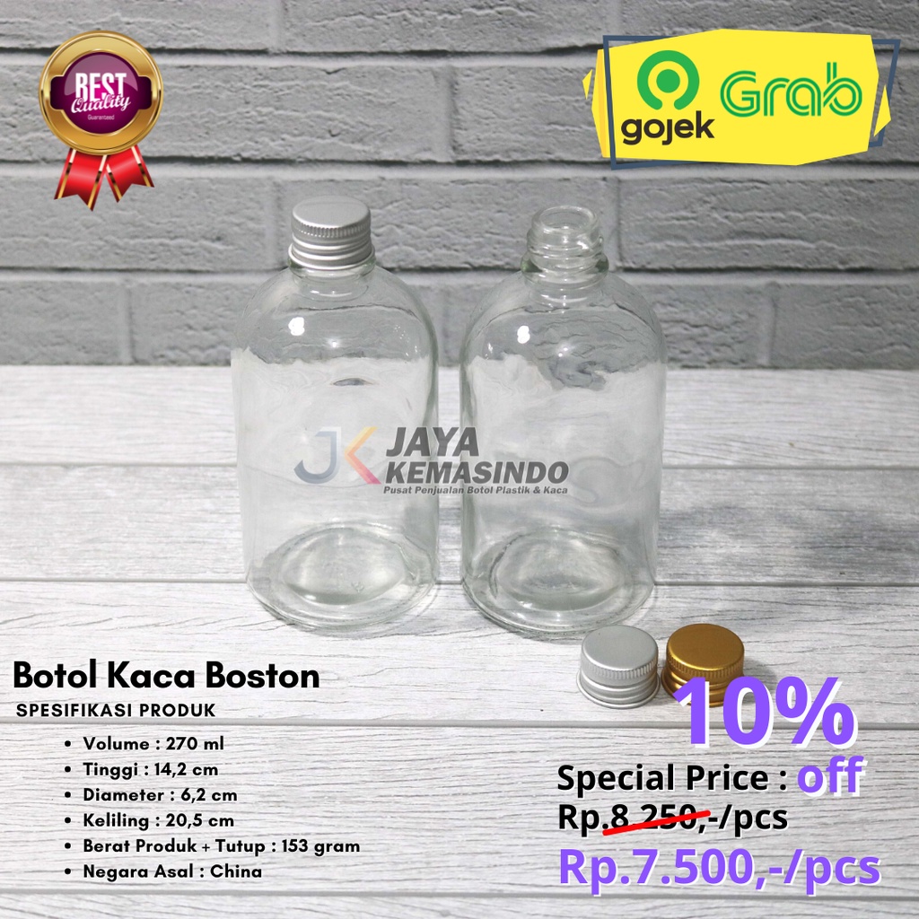 Jual Botol kaca 270ml boston round tutup alumunium silver/emas per ...