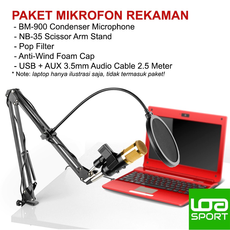 Jual Paket Mikrofon Rekaman BM-900 Condenser Stand Lengan Lipat Pop Filter | Shopee Indonesia