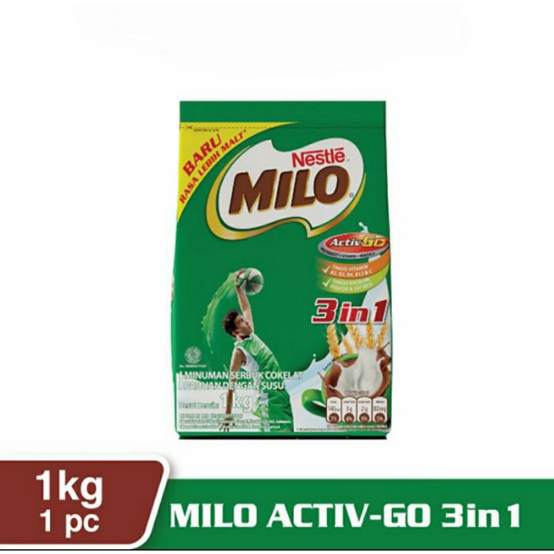 Jual Milo Active-Go 3 in 1 pouch 1kg - Milo Susu Bubuk 1kg | Shopee ...