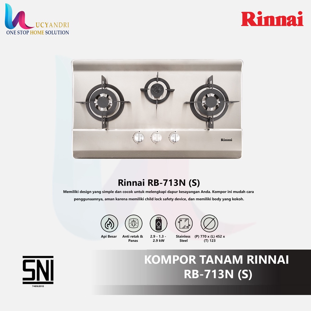 Jual Kompor Gas Tanam 3 Tungku (Stainless) Rinnai RB-713N (S) / RB713NS ORI | Shopee Indonesia