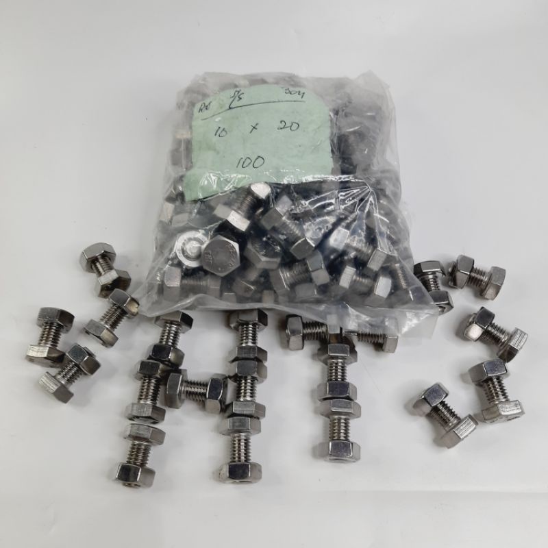 Jual Baut + Mur Hex Bolt + Nut Stainless SS 304 M10 X 20MM (Per Set) | Shopee Indonesia
