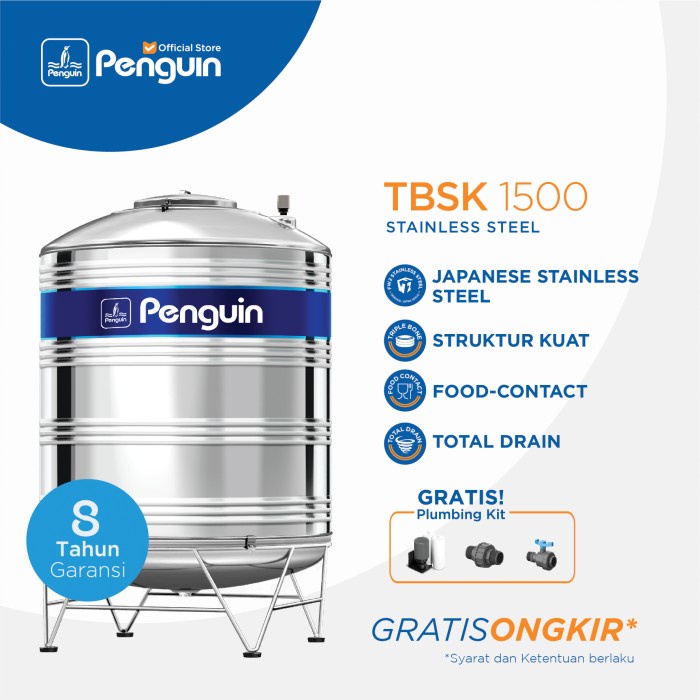 Jual new Penguin Tangki Toren Tandon Air Stainless TBSK 1500 1500 liter ...