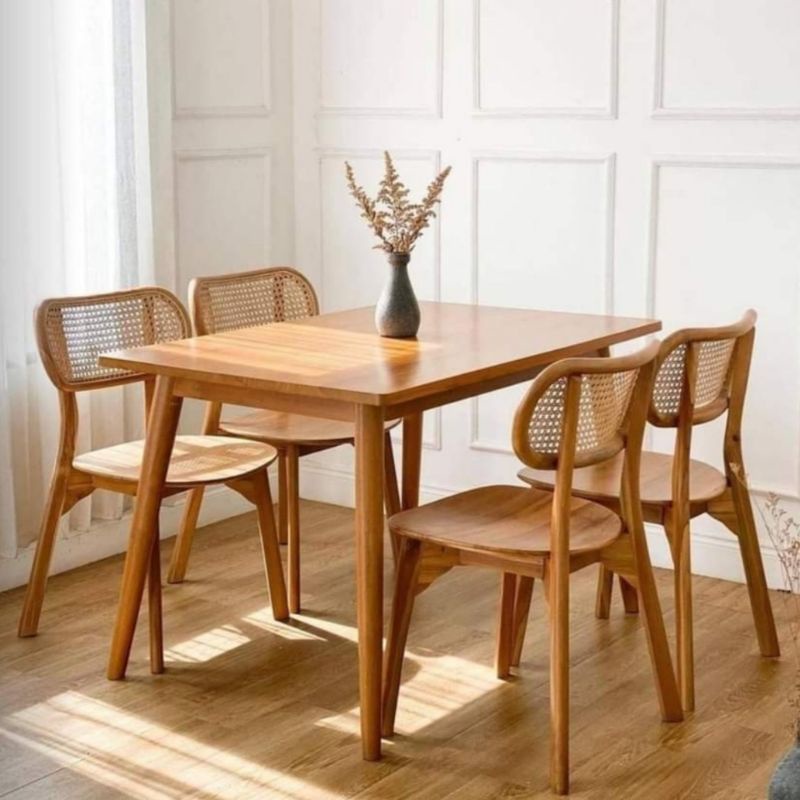 Jual DINING SET ||Set Meja Makan restoran cafe kursi rotan kayu jati daun meja 3cm!! | Shopee ...